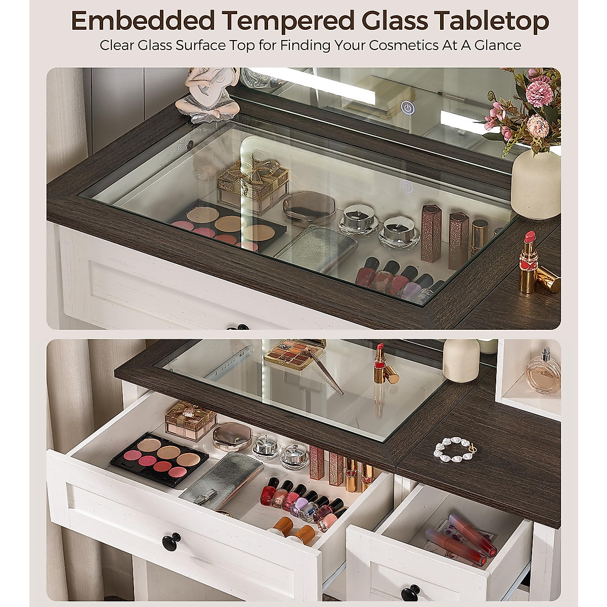ANWBROAD Farmhouse Vanity Makeup Desk with Glass Tabletop, Vanity Desk with Lights Mirror Drawers Cabinet for Makeup, Modern Vanity Table Set with Vanity Stool for Bedroom, White UBDT59W