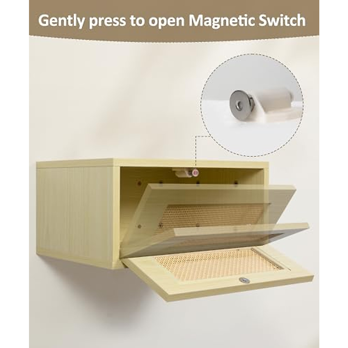 SUMGAR Floating Nightstand Set of 2 Rattan Boho Bedside Table Organiser Shelf Wall Mounted Pair of Beige Storage Display Wood Small Furniture for Bedroom Home Decor