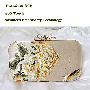 AININTON Women Embroidered Bag Silk Shoulder Bag Rectangle Handbag Champaign Gold Crossbody Bag with Pearl Chain for Wedding Party Banquet