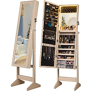 LUXFURNI 62.6" Standing Mirror with Storage, LED Light Mirror Jewelry Cabinet Armoire, Large Jewelry Storage Mirror, Lockable Jewelry Organizer Mirror, Natural