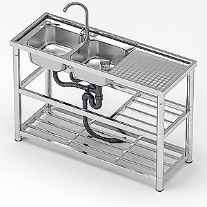 2 Compartment Stainless Steel Utility Sink, Commercial Sink Basin w/Faucet, Free Standing Utility Sink For Home Garage Restaurant Laundry Room, Size 120x45x80cm 47.2x17.7x31.5in
