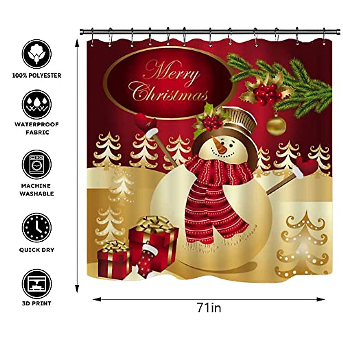 Novobey 4 Pcs Merry Christmas Shower Curtain Sets with Non-Slip Bathroom Rugs, Lid Toilet Cover, Bath Mat, Shower Curtain Christmas Bathroom Decor