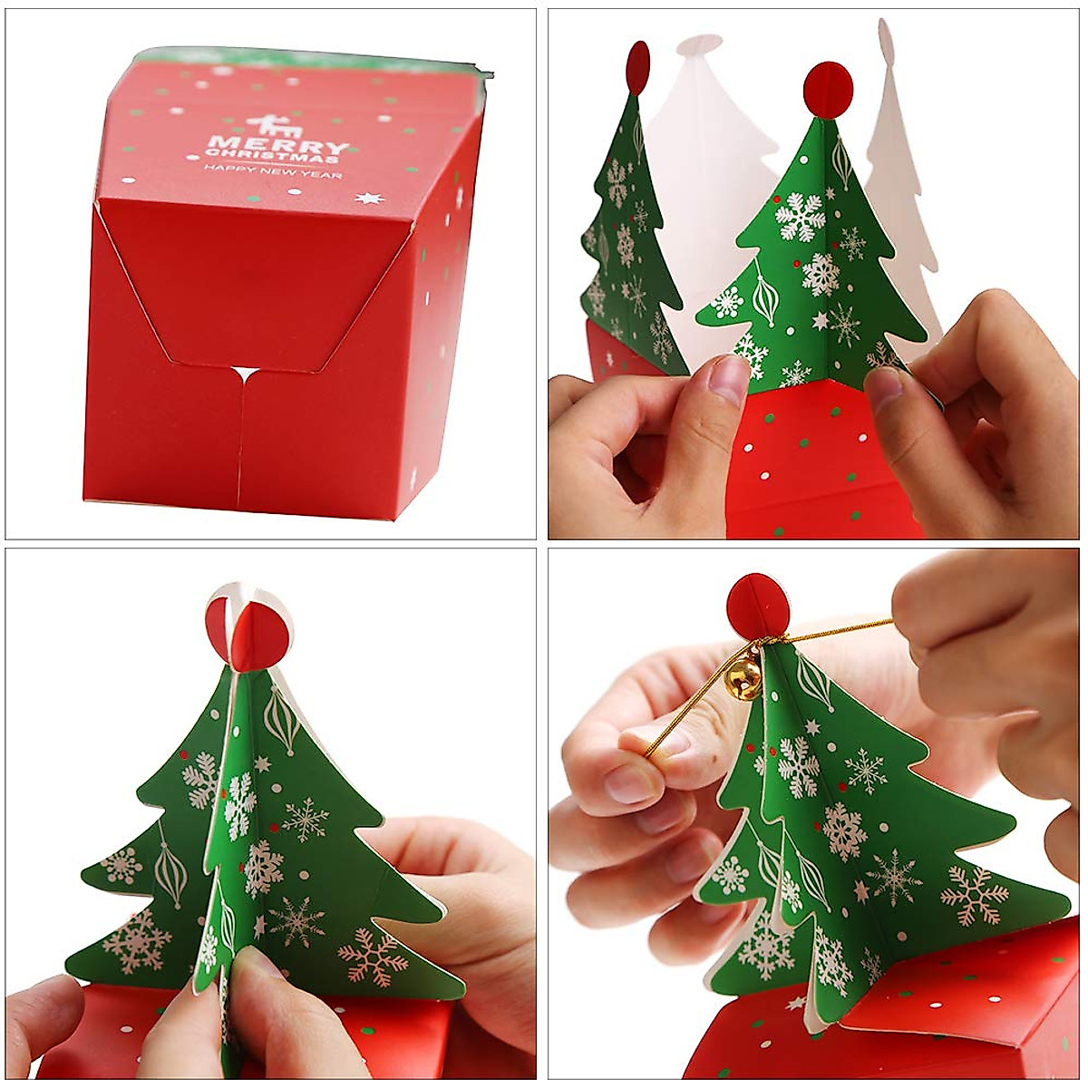 DERAYEE 3D Mini Christmas Treat Gift Boxes, 10 Pcs Party Favors Candy Goody box Christmas Tree Shape boxes with Bells