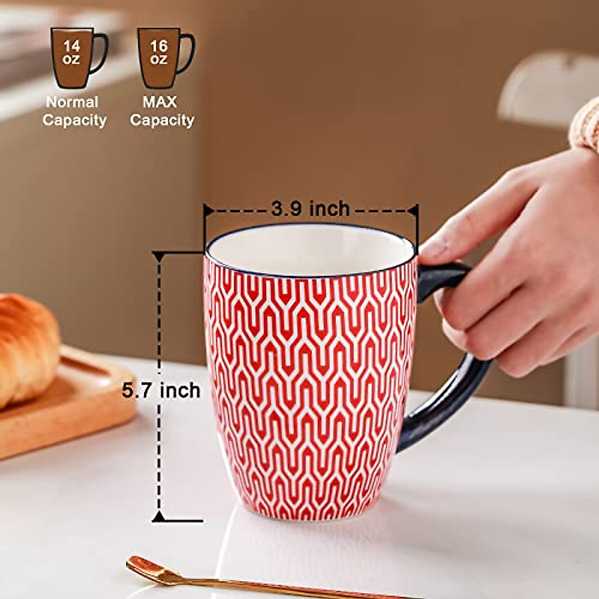 KitchenTour Ceramic Coffee Mug Set of 6 16oz - Coloful Restaurant Mugs 6pack - Cup set for Coffee, Tea, Cappuccino, Cocoa - Bohemia style