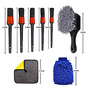 YIJINSHENG Wheel Tire Brush Set, Car Detailing Kit, 17inch Long Soft Bristle Wheel Brush, Short Handle Tire Brush, 5 Car Detail Brushes, Microfiber Cleaning Cloth, Wash Mitt for Interior, Exterior