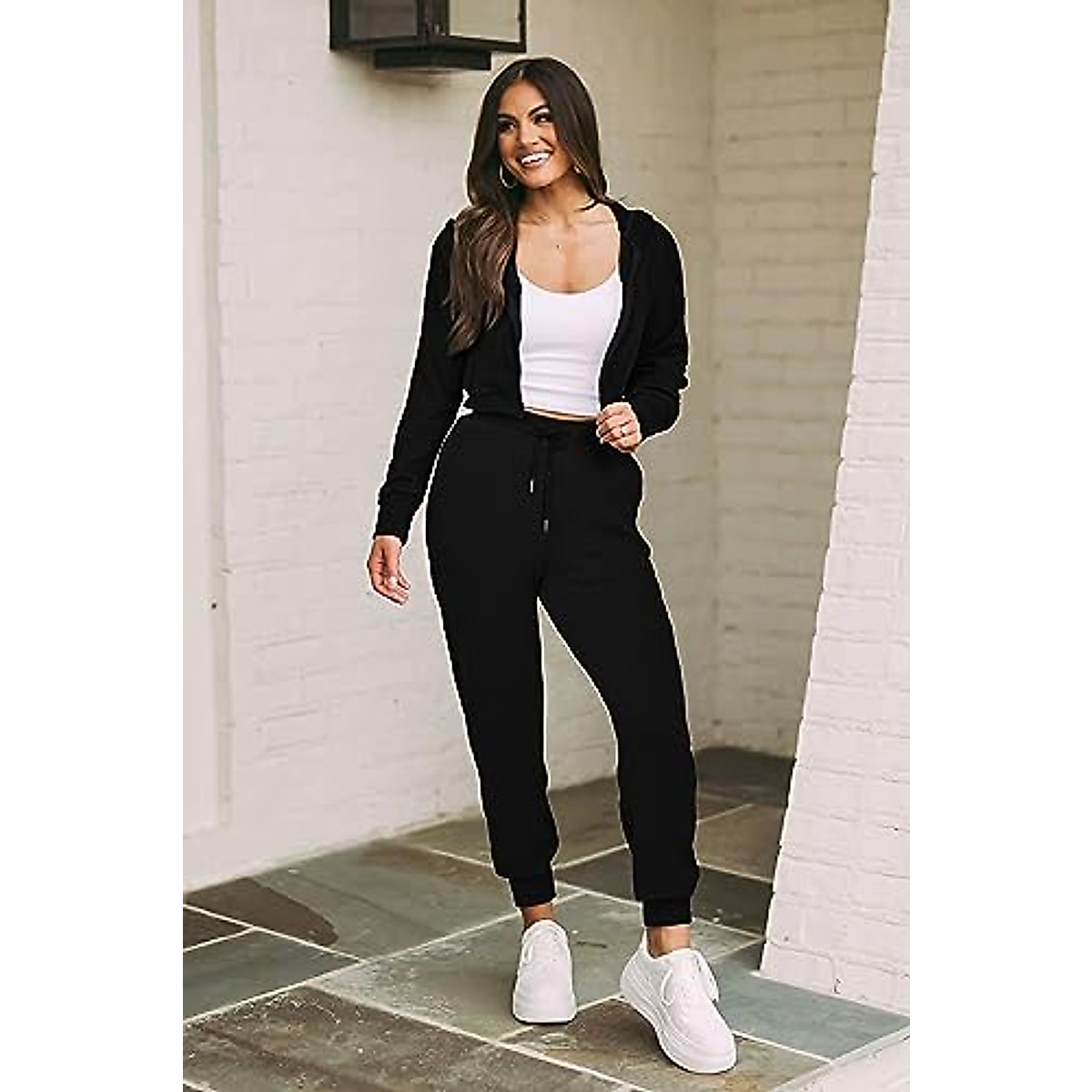 MASCOMODA 2 Piece Outfits for Women 2023 Fall Hoodie Sweatshirt Tracksuit and Sweatpants Workout Sets with Pockets (Black, Large)