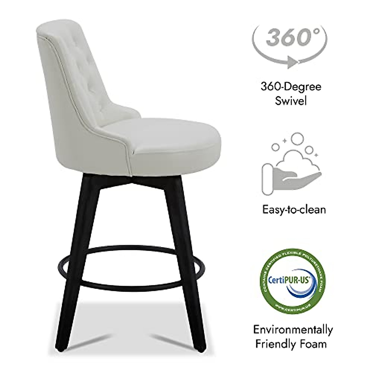 Watson & Whitely Modern Swivel Bar Stools, Faux Leather Upholstered Counter Height Bar Stool with Back, Solid Wood Legs, 26" H Seat, Set of 2, White
