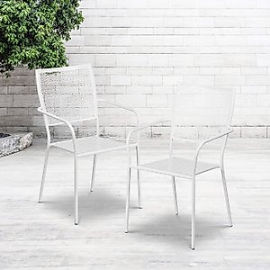 EMMA + OLIVER Commercial Grade White Indoor-Outdoor Steel Patio Arm Chair with Square Back