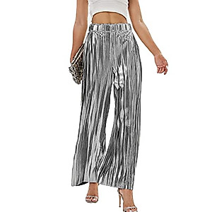 heipeiwa Women's Shiny Pleated Wide Leg Pants Party Nightout High Elastic Waist Trouser Outfit Clubwear Silver