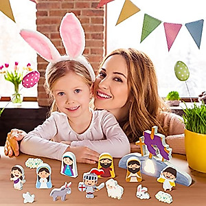 WATINC 14pcs Easter Resurrection Scene Decorations, Religious Jesus Storytelling Wooden Tiered Tray Signs Table Decor, Christ Jesus Nativity Christian Wood Centerpieces for Easter Spring Holiday Party