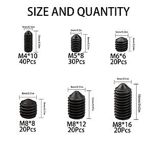Rrina 150Pcs M4/M5/M6/M8 Hex Allen Head Socket Set Screws Grub Screw Bolts Assortment Kit,12.9 Class Alloy Steel Internal Hex Drive Cup-Point Screws