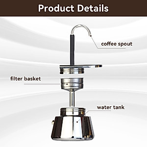 Tissting Single Spout Stovetop Moka Pot Stainless Steel Stovetop Single Spout Espresso Maker Mini Stovetop Espresso Percolator Italian Type Espresso Cup Coffee Maker Use on Stove at Home or Camping
