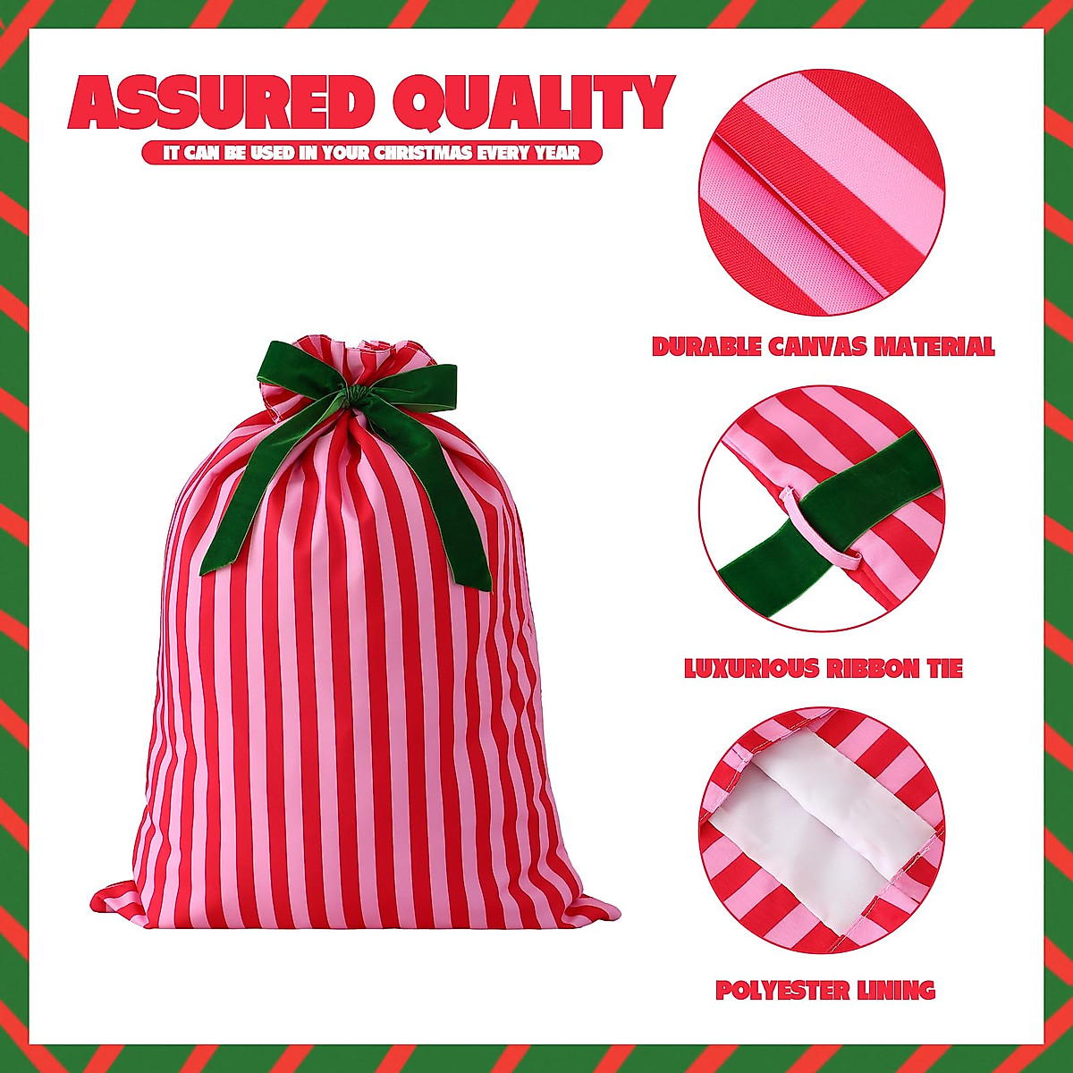 DYSHAYEN Santa Sack Christmas Bag,Extra Large Size 27"x19.5"Canvas Heavy Duty Personalize Gift Bag for Kids,Party Decoration (Stripe)