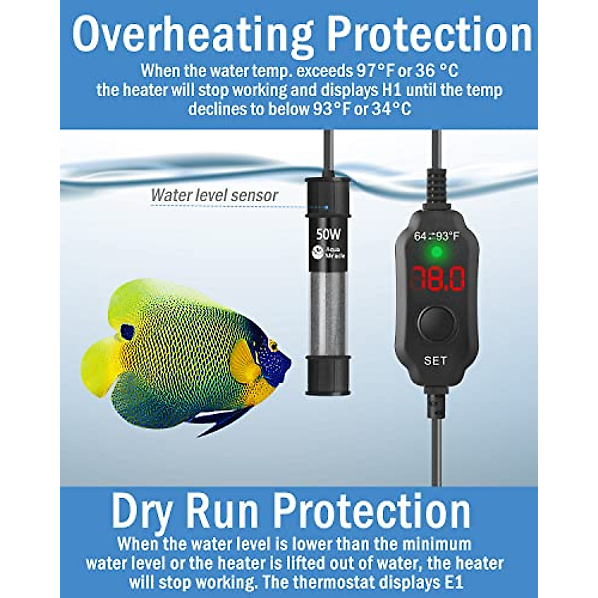AquaMiracle Adjustable 50W Aquarium Heater Submersible Fish Tank Heater Super Short Aquarium Heater with LED Digital Display Thermostat, for Tanks 5-10 Gallons