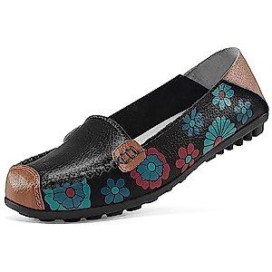 Ablanczoom Womens Loafers Flats Shoes: Women Comfortable Soft Floral Print Dress Loafer Casual Slip on Walking Driving Shoe Black