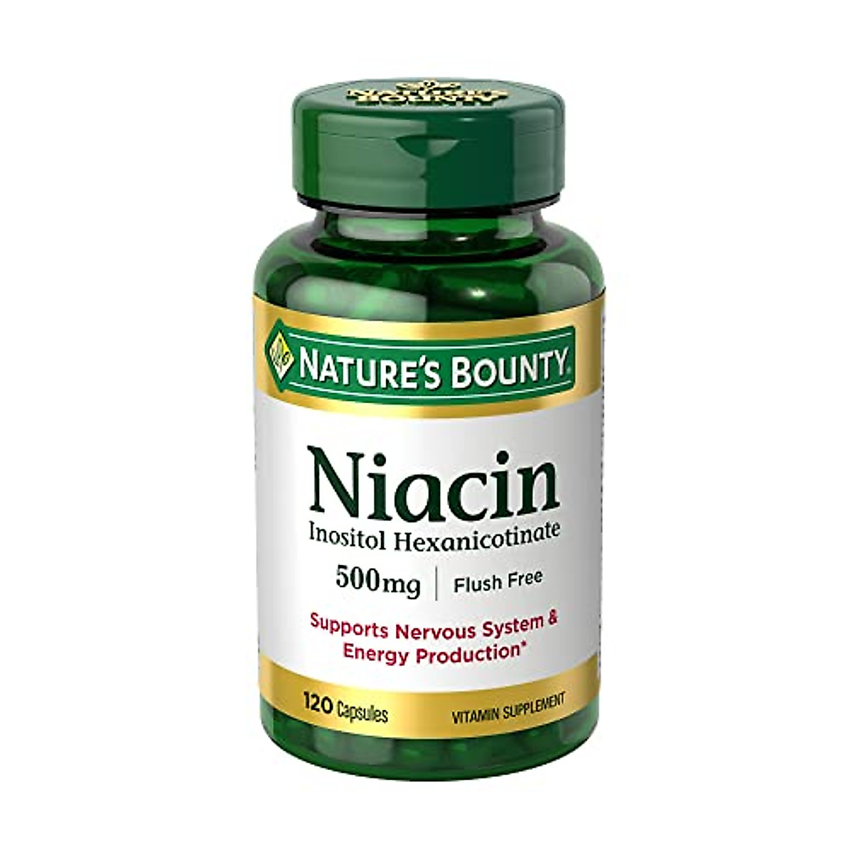 Nature’s Bounty Niacin 500mg Flush Free, Cellular Energy Support, Supports Nervous System Health, 120 Capsules