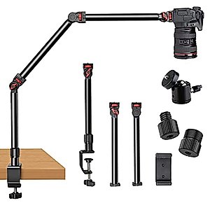 DImotliyor Overhead Camera Mount Desk Stand, 3-Section Flexible Detachable Articulating Arm with 1/4“ 3/8" 5/8" Screw&360° Ball Head, C-clamp Tabletop Mount for DSLR Camera/Webcam/Microphone/Lights