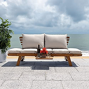 Safavieh PAT7300E Collection Emely Acacia Wood Expandable Loveseat Outdoor Daybed, Natural/Light Grey