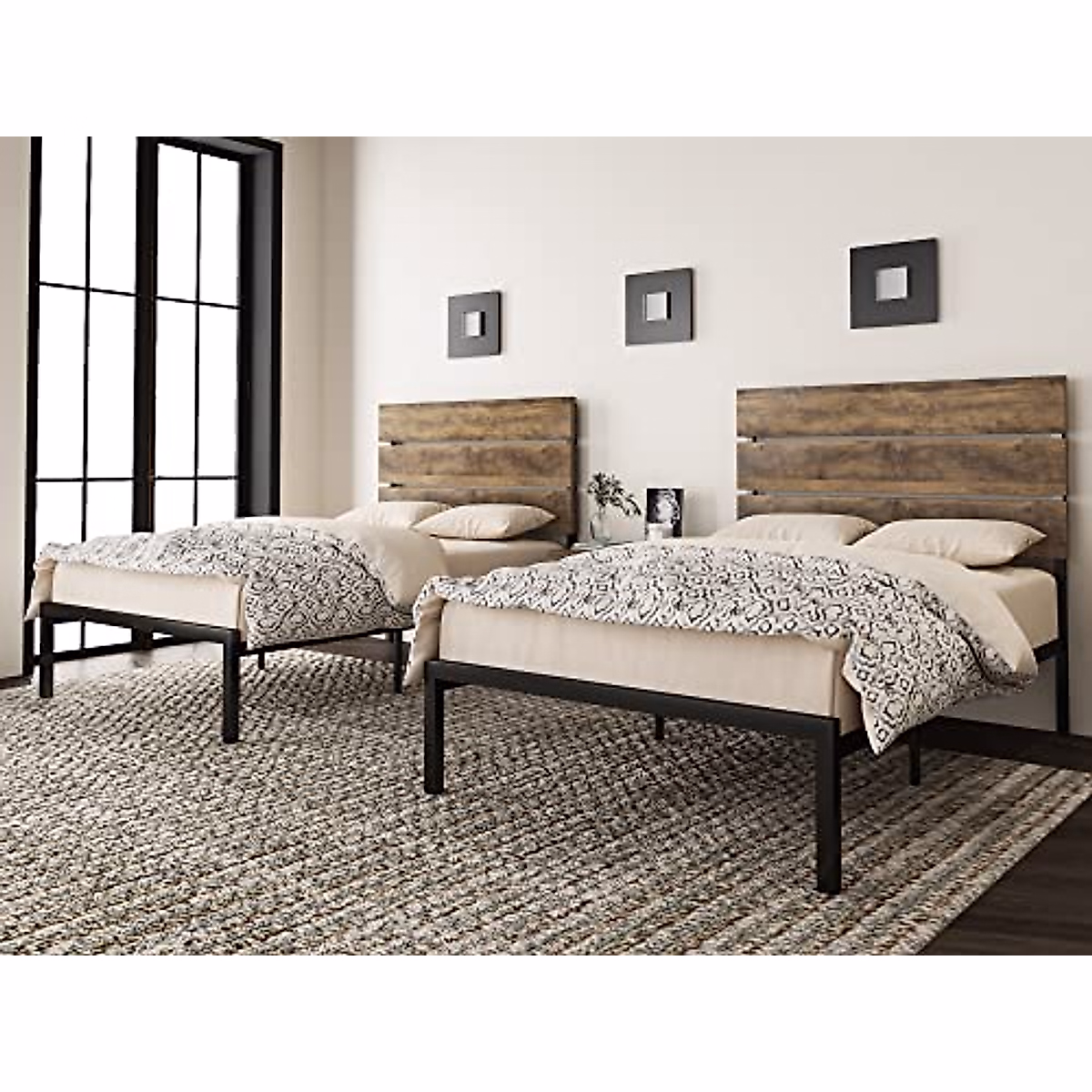 Allewie Twin Size Platform Bed Frame with Wooden headboard and Metal Slats/Rustic Country Style Mattress Foundation/Box Spring Optional/Strong Metal Slats Support/Easy Assembly/Light Brown
