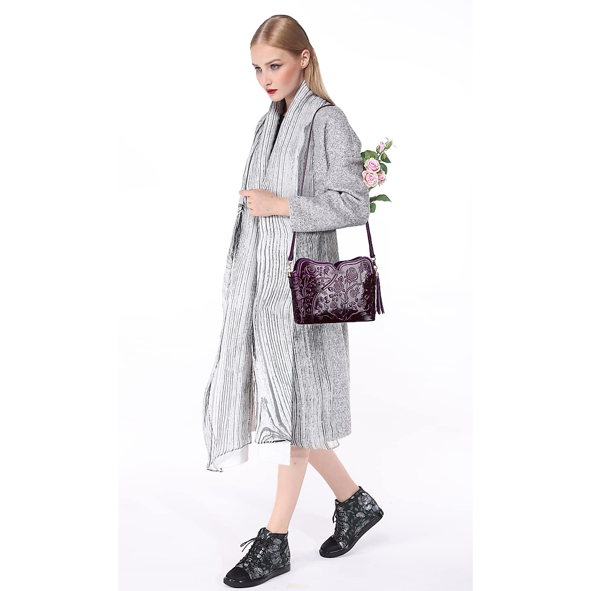 PIJUSHI Designer Leather Handbags for Women Ladies Floral Crossbody Shoulder Bags Clutch Purse (20093 Purple)