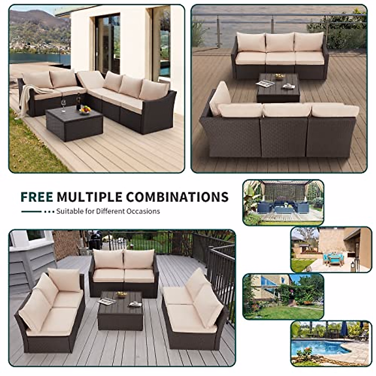 HOMREST 7 Piece Patio Furniture Sets, Outdoor Sectional Set with Adjustable Bracket, PE Rattan Patio Conversation Set, Sofa Set with Storage Coffee Table, for Garden, Lawn, Balcony