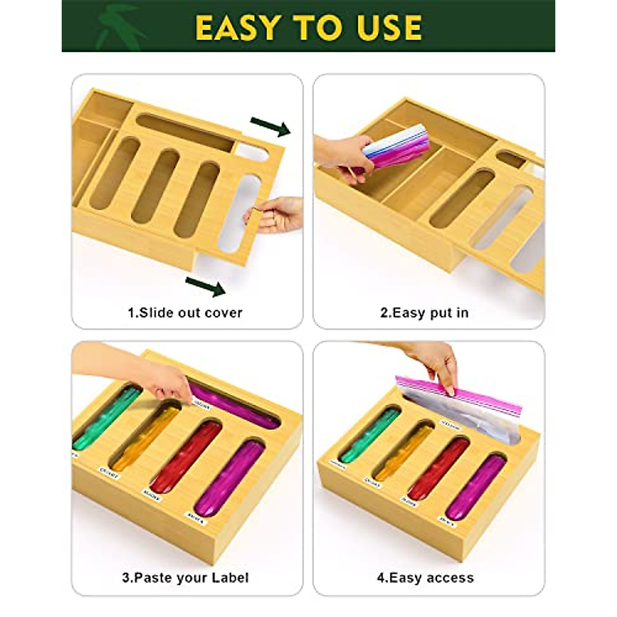 VenDotbi Bamboo Ziplock Bag Organizer for Drawer, Storage Bag Organizer, Plastic Bag Organizer 5 Slot Baggie Organizer for Kitchen Compatible with Gallon, Quart, Sandwich & Snack Variety Bags-Natural
