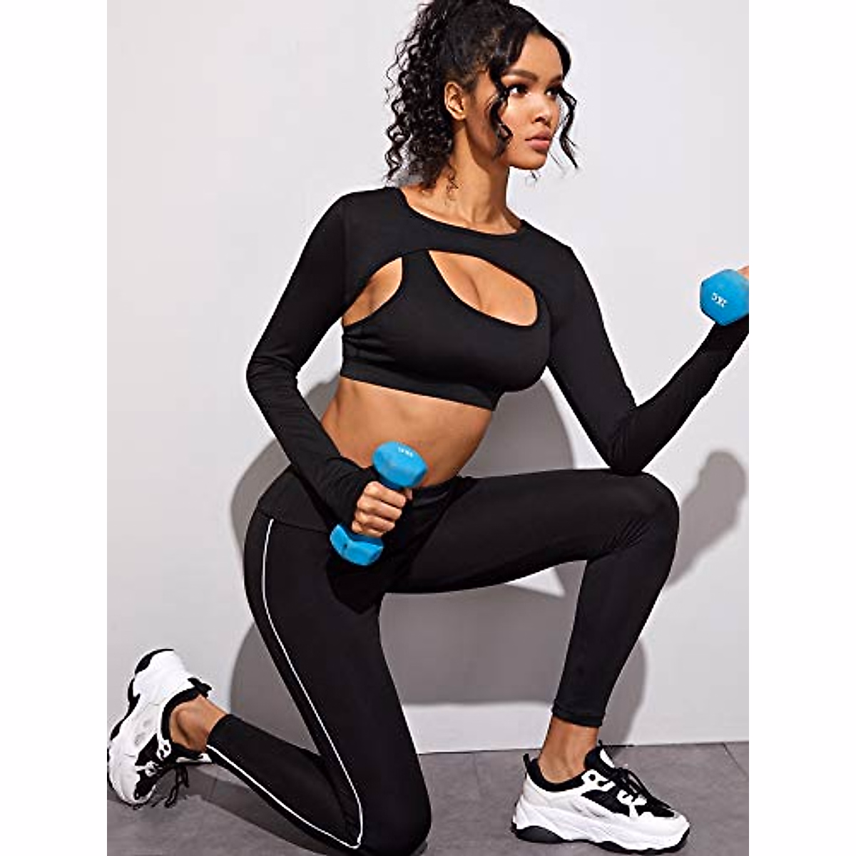 SweatyRocks Women's Stretch Cutout Yoga Sports Tee Long Sleeve Crop Top T Shirts Black Medium