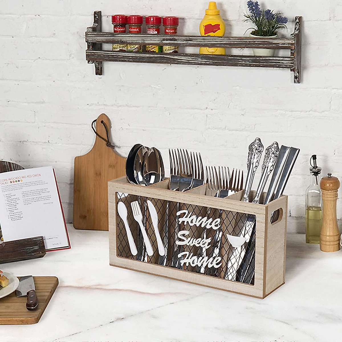 Wood Utensil Holder Caddy with Handle for Kitchen Countertop, LASZOLA 4 Compartments Wooden Utensil Crock Flatware Silverware Cutlery Storage Organizer for Farmhouse Countertop Decor