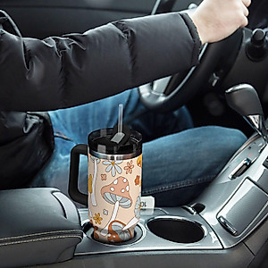 Yasala Car Tumbler with Handle Wild Mushroom Spring Flower Travel Mug Coffee Cup Insulated Beverage Container Mega Cup for Hot Cold Drinking Thermos Water Bottle Cupholder Friendly 40 oz