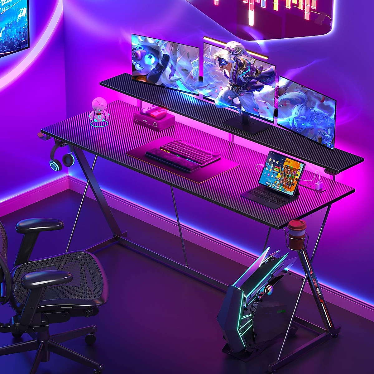 SEVEN WARRIOR Gaming Desk with LED Lights & Power Outlets, 55" Computer Desk with Monitor Shelf, Home Office Desk with Cup Holder and Headphone Hook, Ergonomic, Carbon Fiber Surface Black