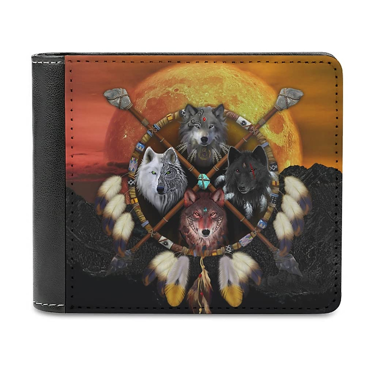 Bhqcflkwpz Native American Wolf Dreamcatcher Bifold Wallet Slim Print Wallets ID Display for Work Business white One Size