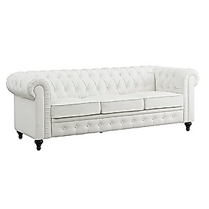 Naomi Home Emery Chesterfield Sofa with Rolled Arms, Tufted Cushions / 3 Seater Sectional Sofa Couch for Small Spaces, Living Room, Bedroom, Apartment Easy Tool-Free Assembly – White