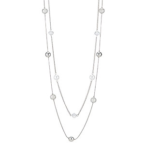 Silver Layered Long Necklace for Women Pearl Crystal Sweater Strand Chain Necklaces Fashion Gifts(White)