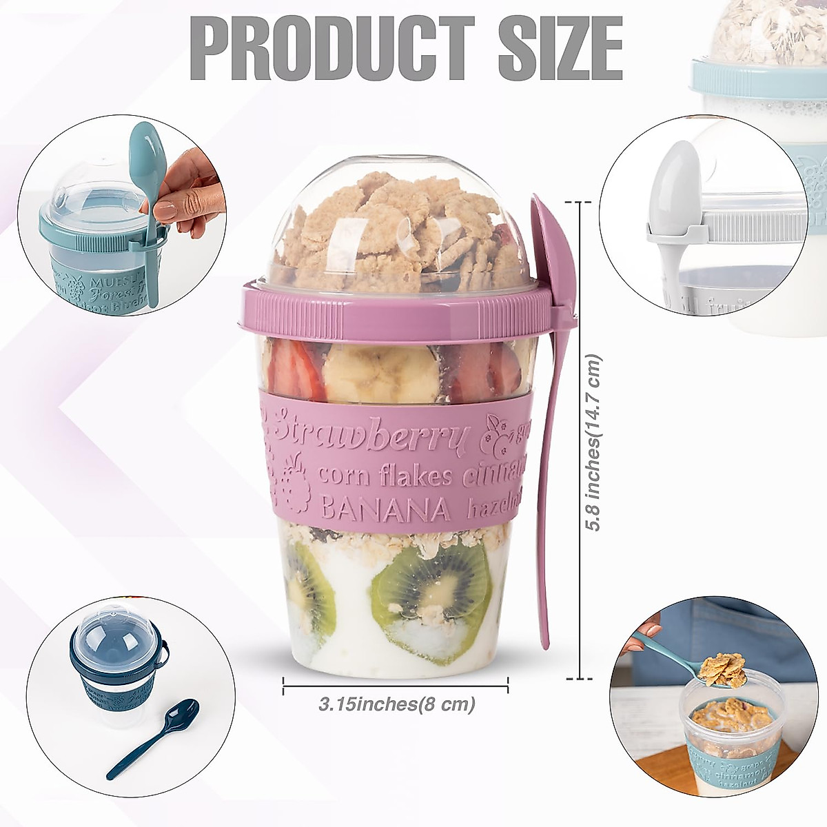On The Go Cereal Yogurt Cups with Lids and Spoon, Overnight Oats Container, Reusable Parfait Plastic Milk Jar Breakfast Crunch Granola Oatmeal Smoothie Snack Prep Bowl To Take Along (4 Colors Set 2)