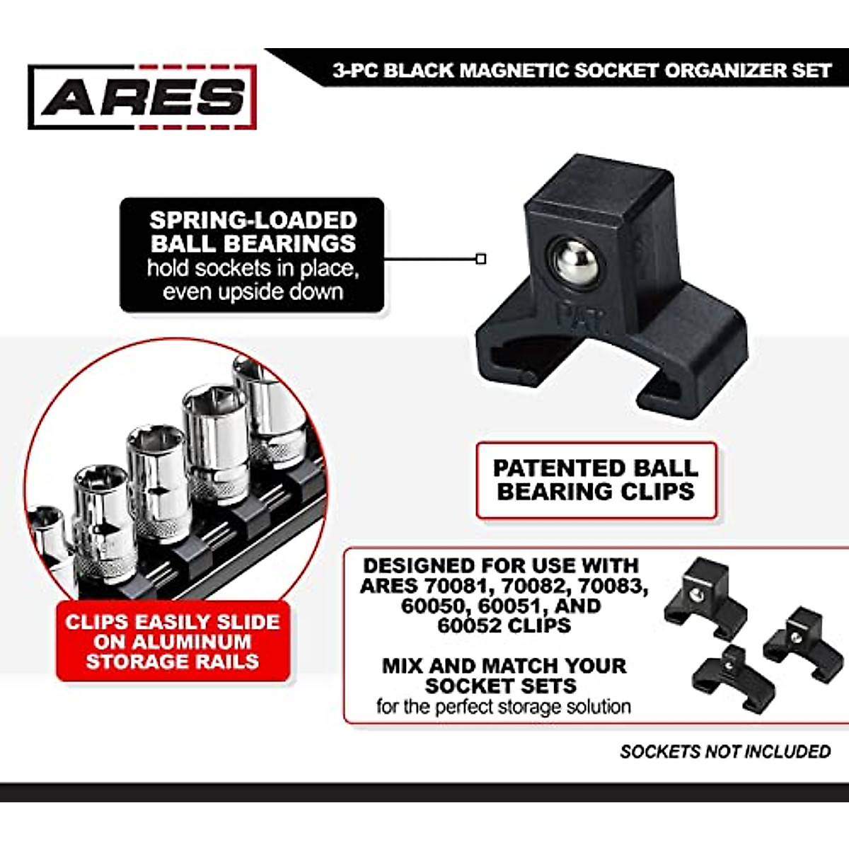 ARES 60053-3-Piece Black Magnetic Socket Organizer Set - Aluminum Rails Store up to 12 Sockets Each and Keep Your Tool Box Organized