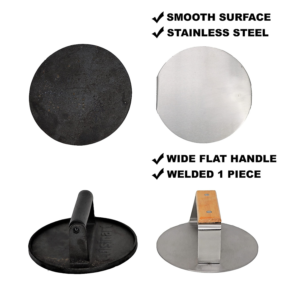 The Sasquash Indestructible Burger Smasher - Professional Grade Wide Flat Handle Smashed Burger Press - Heavy Duty One-Piece Welded Stainless Steel BBQ Griddle and Grill Tool (Square)