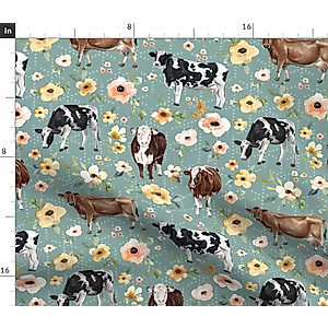 Spoonflower Fabric - Farmhouse Blue Cows Flowers Large Pink Floral Dots Spring Watercolor Printed on Petal Signature Cotton Fabric by The Yard - Sewing Quilting Apparel Crafts Decor