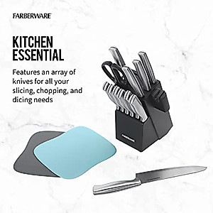 Farberware Stainless Steel Knife Block Set with Built-In Sharpener and Cutting Mats, 15-Piece Value Set, High-Carbon Stainless Steel Kitchen Knives, Razor-Sharp Knife Set with Boards, Black