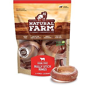 Natural Farm Odor Free Bully Sticks Ring Shaped (3-4 Inch, 10 Pack) - 100% Beef Chews for More Engagement & Fun, Grass-Fed, Non-GMO, Fully Digestible - Best for Small & Medium Chewers