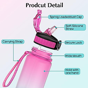 EYQ 32 oz Water Bottle with Time Marker, Carry Strap, Leak-Proof Tritan BPA-Free, Ensure You Drink Enough Water for Fitness, Gym, Camping, Outdoor Sports (Fuschia/Green Gradient)