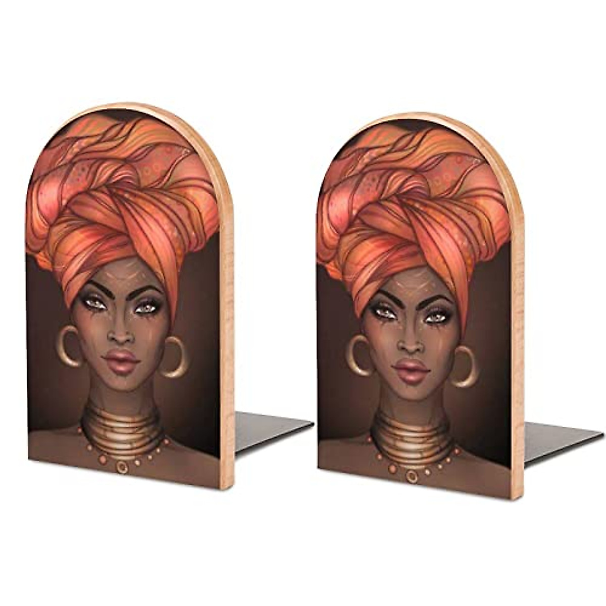Hon-Lally American African Girl Pattern Wood Bookends Decorative Bookend Non-Skid Office Book Stand for Books Office Files Magazine
