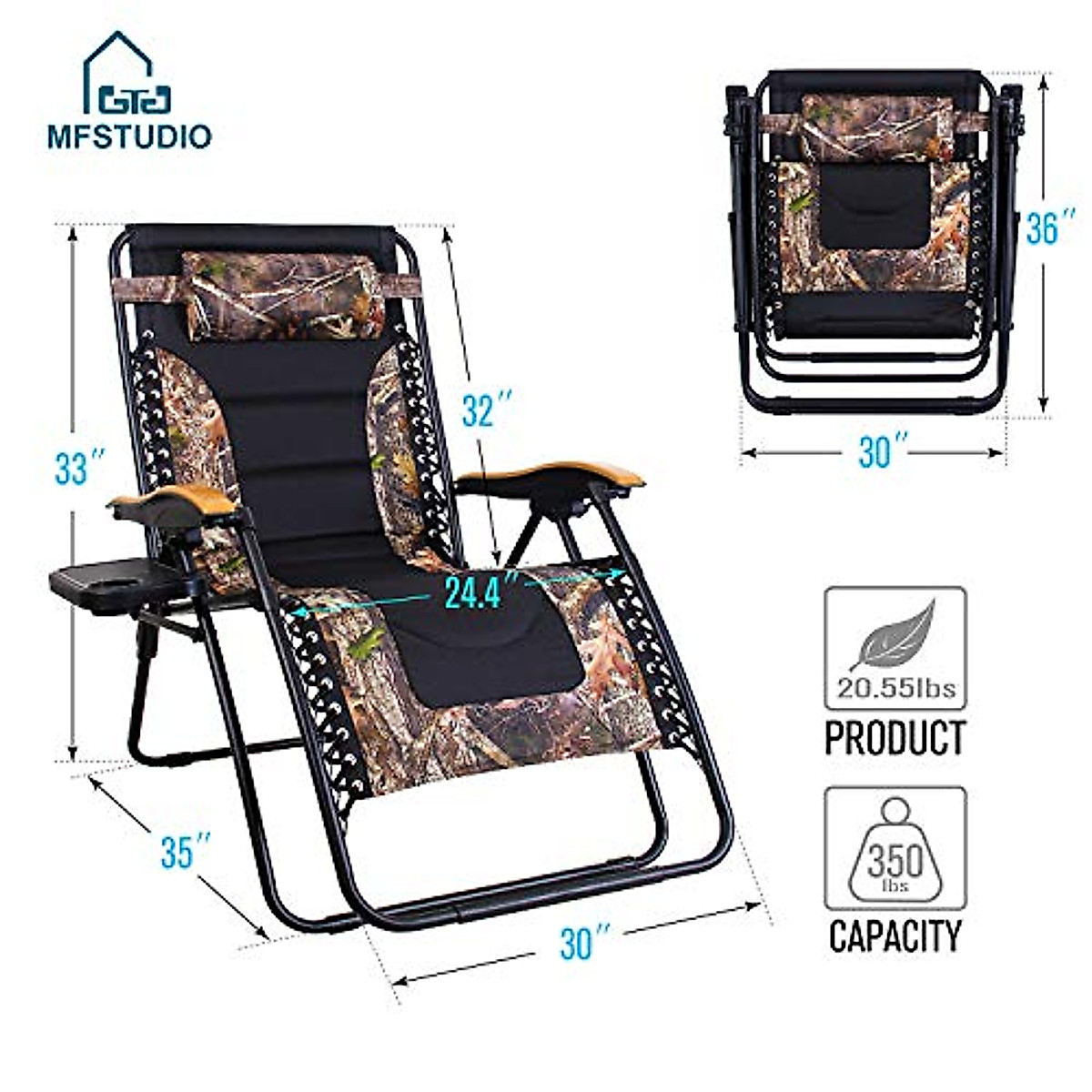 MFSTUDIO Oversized Zero Gravity Chair XL Patio Recliners Padded Folding Chair with Cup Holder, Extra Wide Chaise Lounge for Poolside Outdoor Yard Beach, Set of 2 - Camouflage
