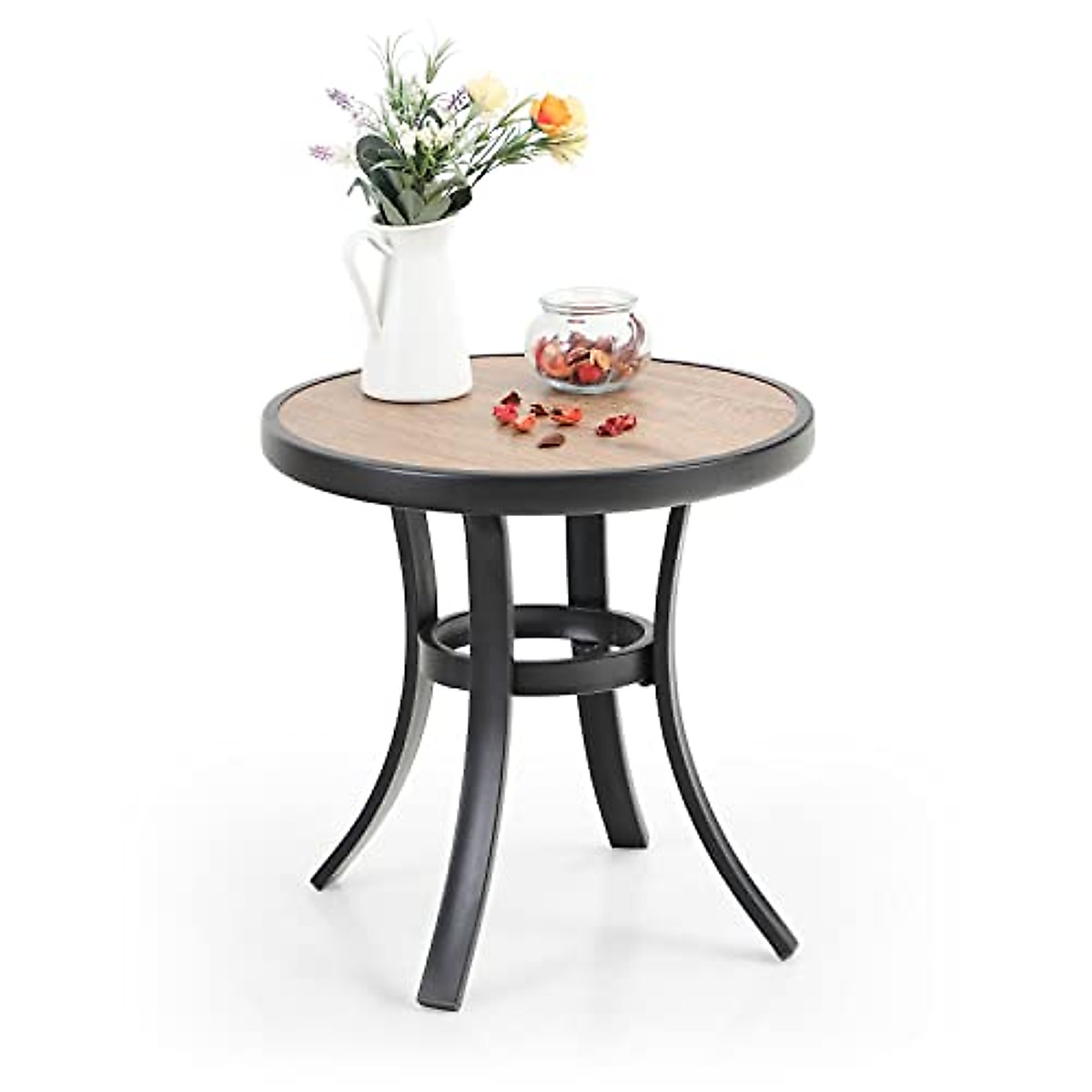 PHI VILLA Outdoor Round Side Table, Small Wood Table Top End Table Coffee Bistro Table with Metal Frame for Indoor/Outdoor Use