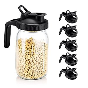 Wide Mouth Mason Jar Lids with Handle, Plastic Mason Jar Pour Spout Lid, Reusable Flip Cap Lid, Canning Lids with Leak-proof Airtight Seal Black (Jar Not Included)
