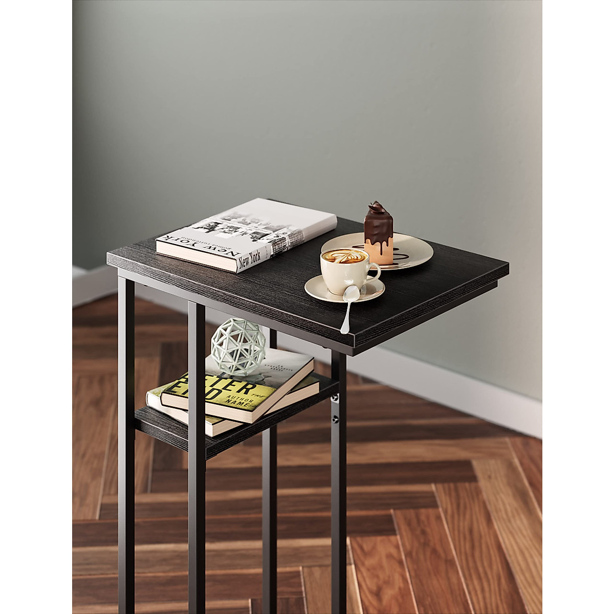 Innerjoin C Shaped End Table, Side Table with Metal Frame, TV Tray Table for Couch, 2 Shelves Sofa Table for Living Room Bedroom, Bedside, Rustic Vintage Style, Black