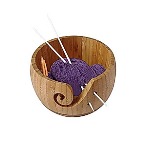 SYCOOVEN with Lid Yarn Storage Wooden Yarn Bowl Organizer, Knitting Wool Storage Basket Round with Holes, Handmade Craft Crochet Kit Organizer Perfect for Mother's Gift(Bamboo)