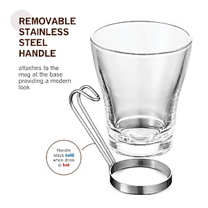 Bormioli Rocco OSLO Glass Coffee Mug - 7 ½ Ounce Espresso Cups (4 Pack) with Metal Handle Perfect Tea Glasses for hot and cold beverages, Thermal Shock Resistant, Tempered Glass, for Latte, Cappuccino
