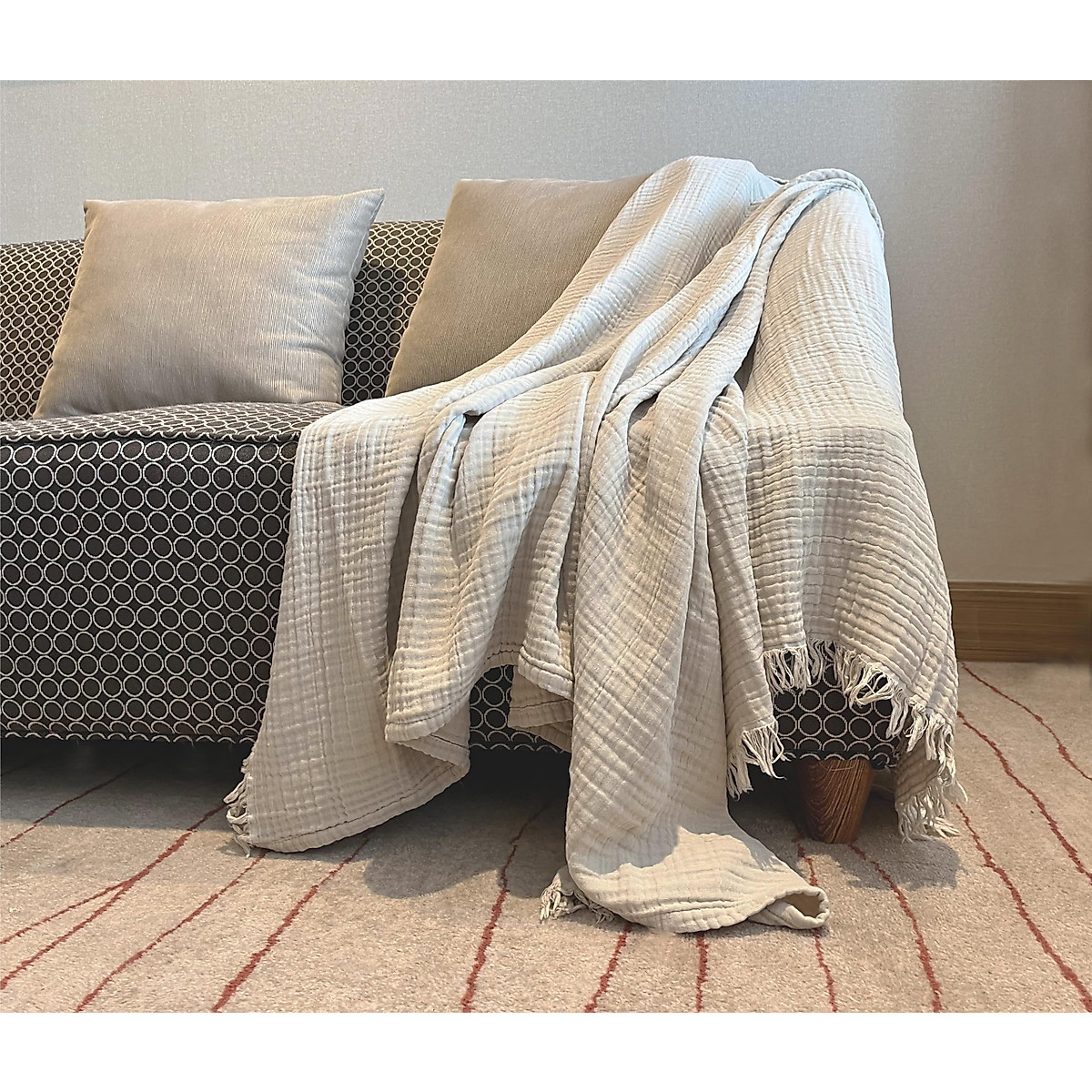 KyraHome 100% Organic 55"x60" Muslin Cotton Throw Blanket for Couch, Adult, Plant Dyed Breathable Soft Cozy Lightweight Gauze Blanket, All Season (Oatmeal Khaki/Sandshell)