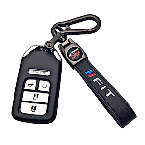 Soft leather black key chain with key ring, fine car keychain compatible with Honda (FIT)