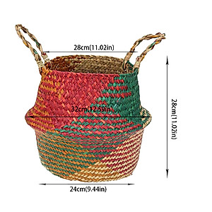 Wedhapy Woven Basket Rattan Basket Seagrass Belly Storage Basket with Handles Woven Foldable Storage Pot Plant Basin Cover for Laundry Beach Bag (S)